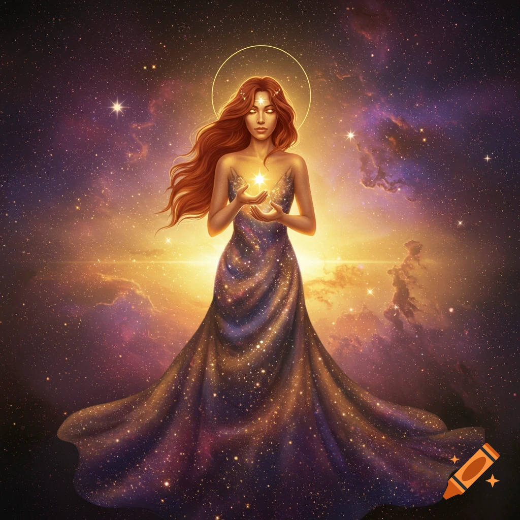 A celestial woman in a starry gown holds a glowing star in a vibrant ...