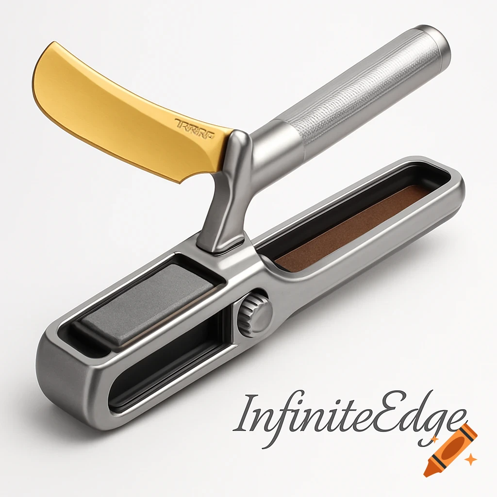 Photorealistic image of a silver and gold razor with an integrated ...