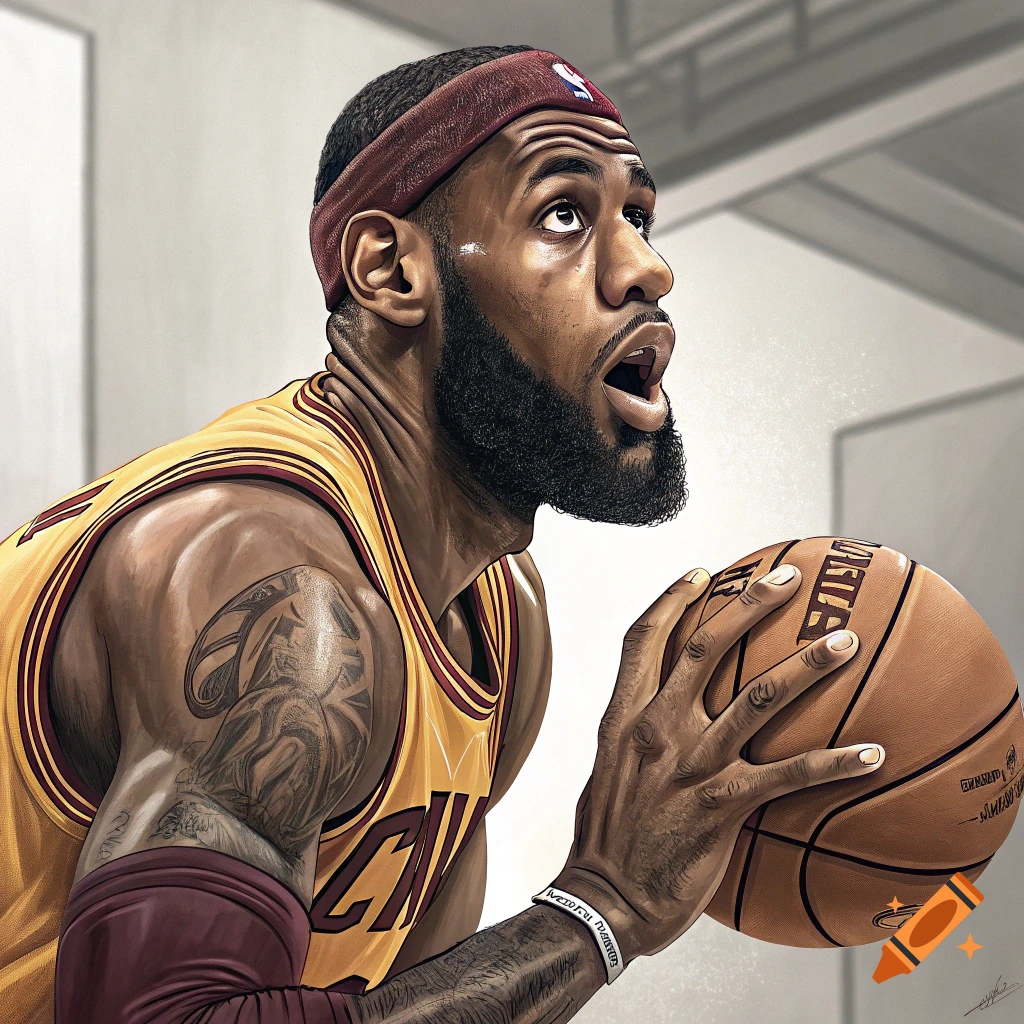 Stylized portrait of LeBron James in a Cavaliers jersey holding a ...