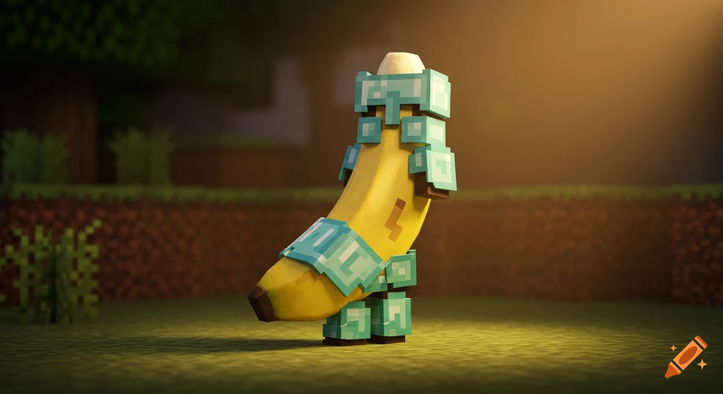 A banana wearing diamond armor in a Minecraft-style world. on Craiyon