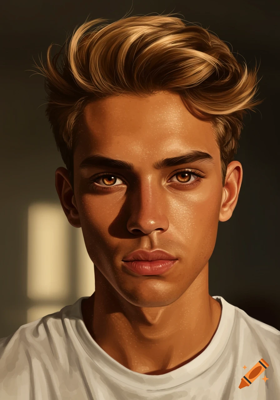 Close-up digital portrait of a young man with amber eyes and brown ...