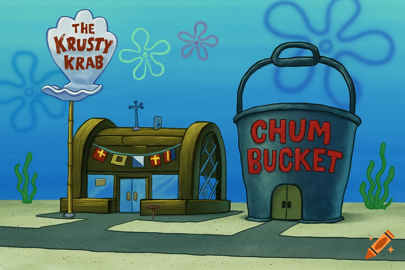 Cartoon image of the Krusty Krab and Chum Bucket restaurants on the ...