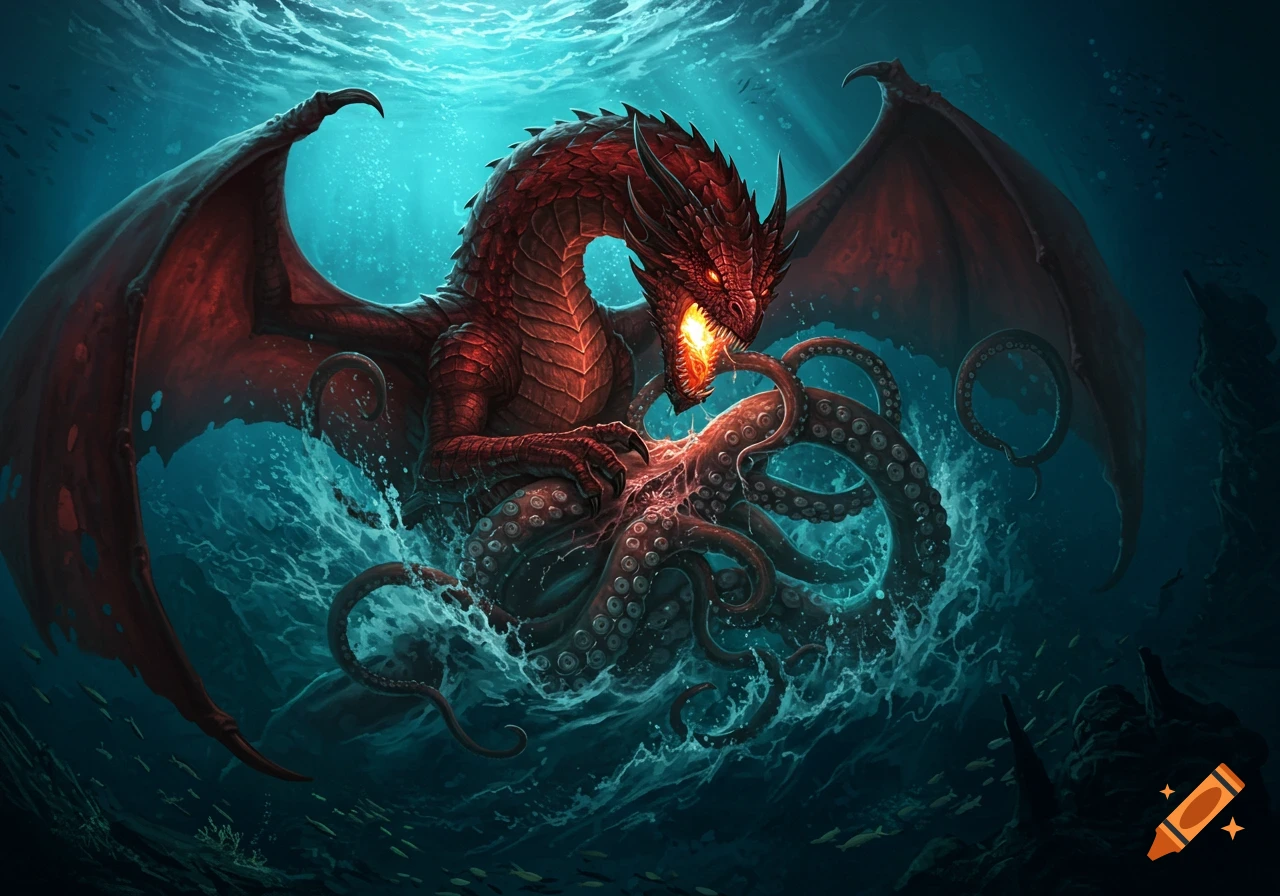 A red dragon fights a kraken underwater, with glowing eyes and mouth, in a dramatic fantasy ...