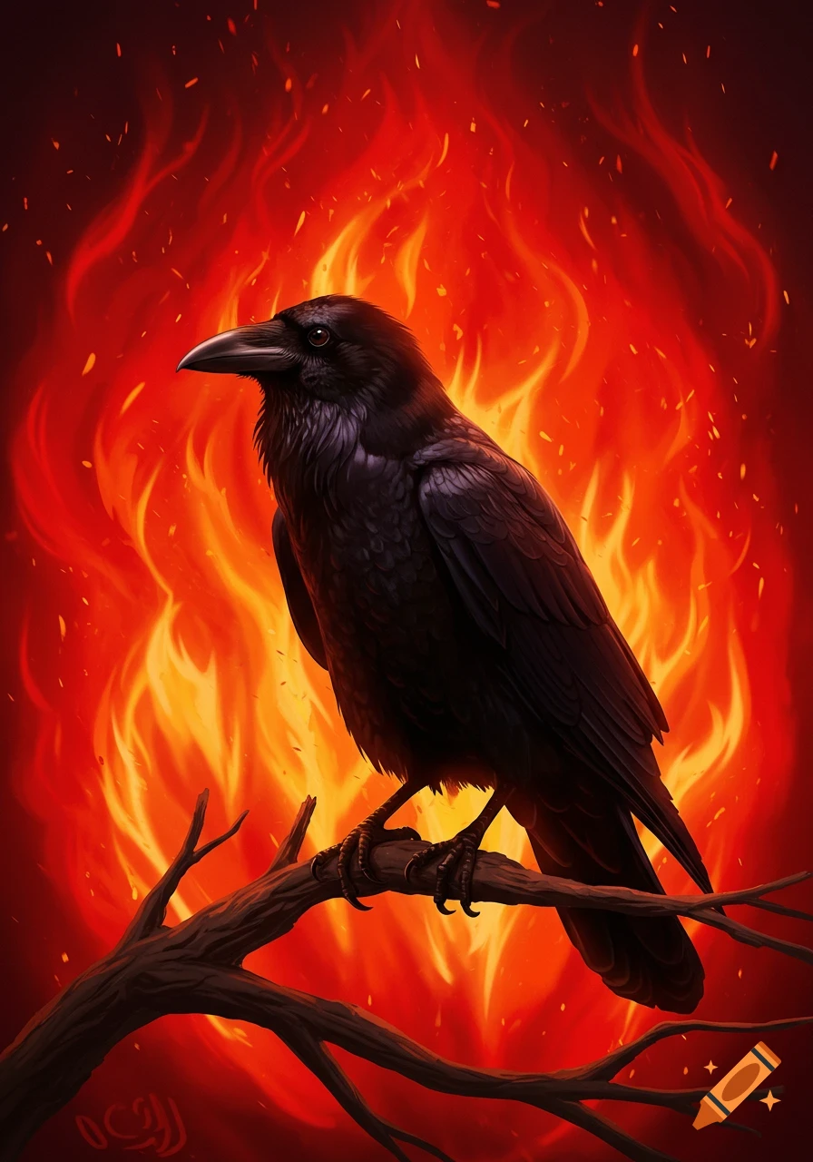 A black raven perched on a branch against a fiery red and orange ...