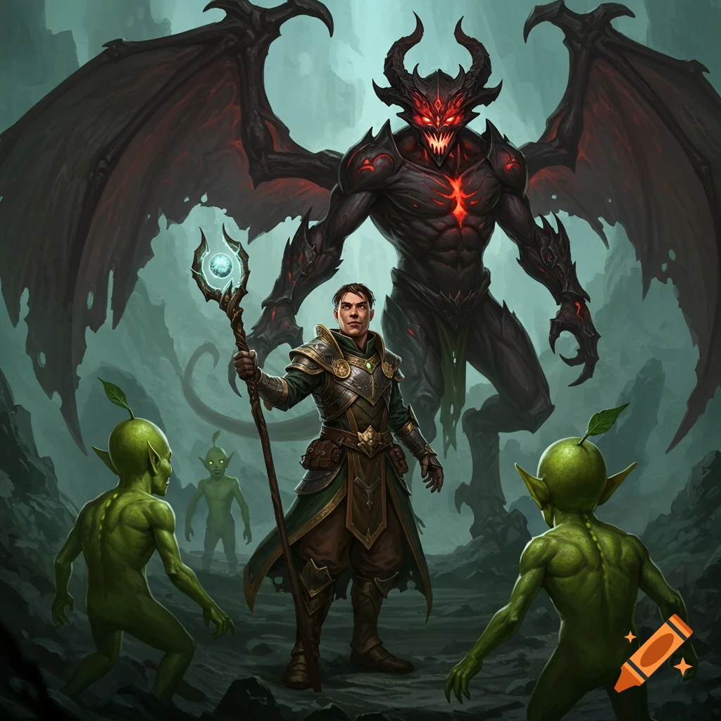 A wizard faces a large demon as small green creatures watch in a dark ...