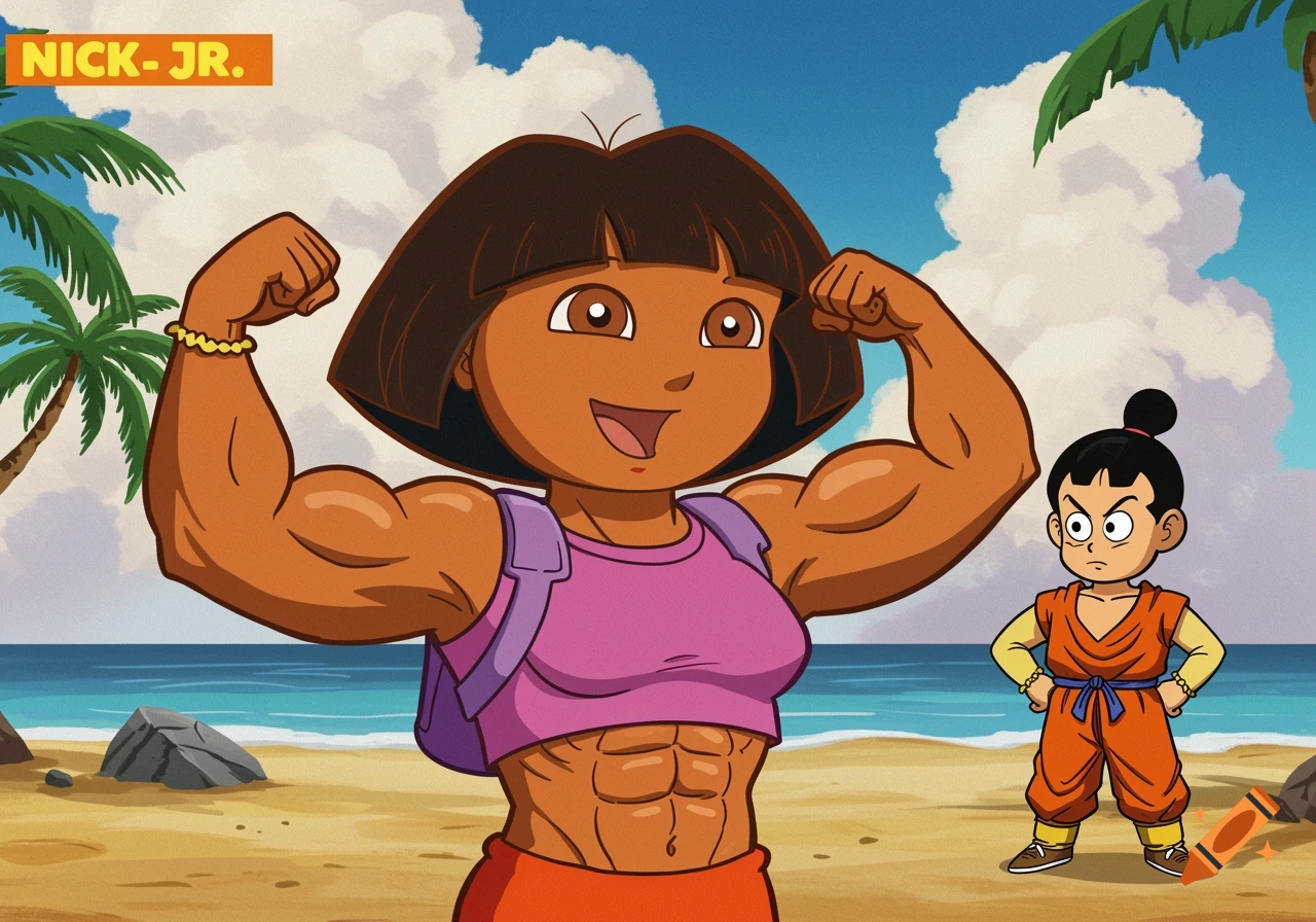 Cartoon illustration of a muscular Dora the Explorer flexing on a beach ...
