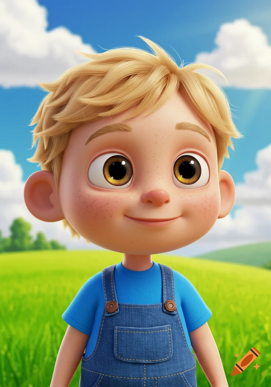 Smiling animated boy with blonde hair and freckles in overalls stands ...