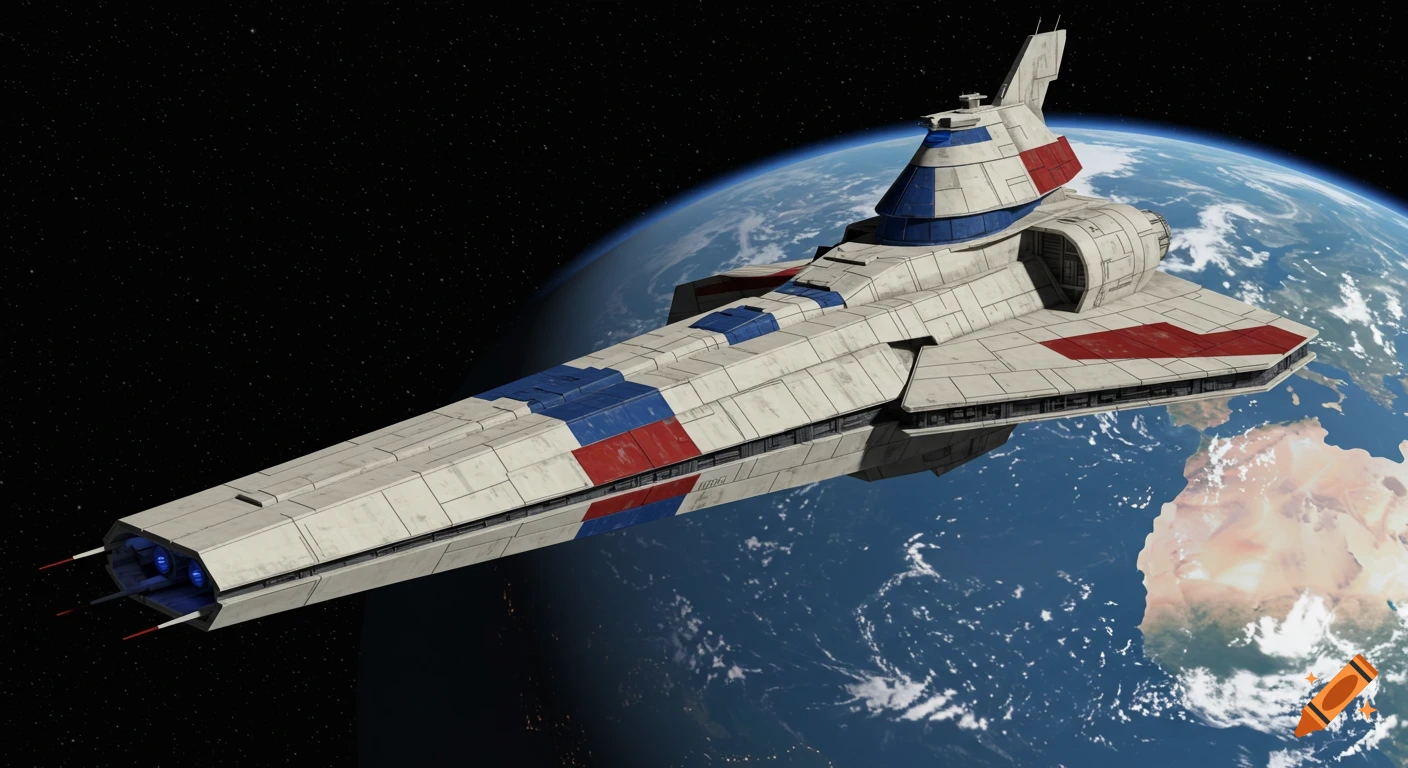 A large spaceship with red and blue markings orbits Earth. on Craiyon