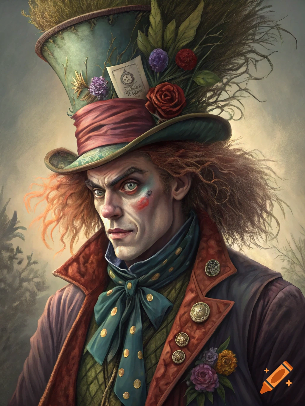 Portrait of a character in Mad Hatter attire, with orange hair, a tall ...