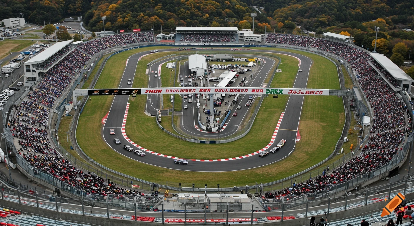 Aerial view of a race car track filled with spectators watching cars ...