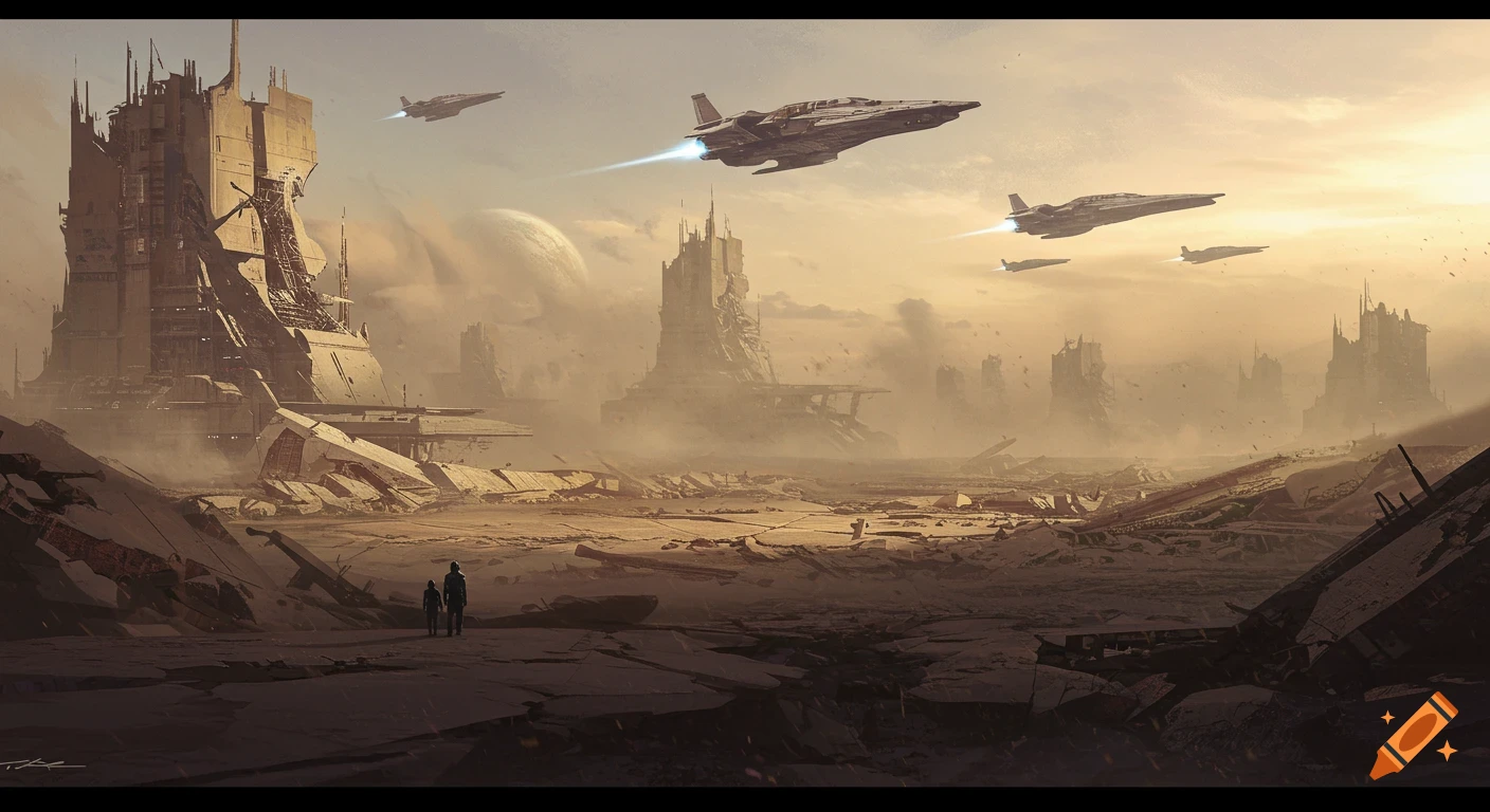 A vast, ruined city landscape on an apocalyptic planet with spaceships ...
