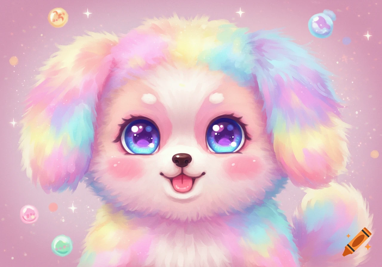 Close-up of a fluffy rainbow dog with big sparkly eyes on a pink ...