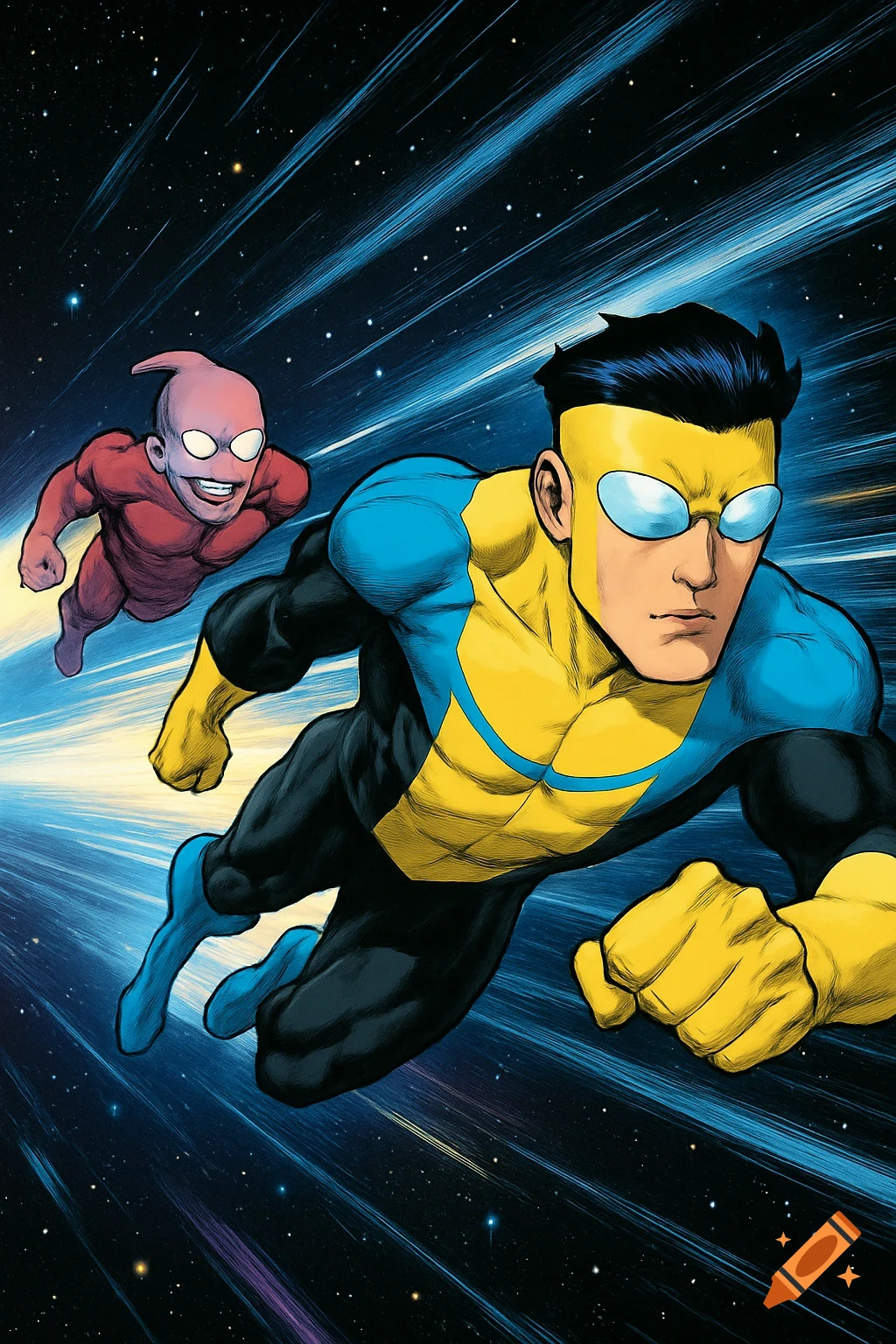 Two comic book superheroes fly through space at high speed. on Craiyon