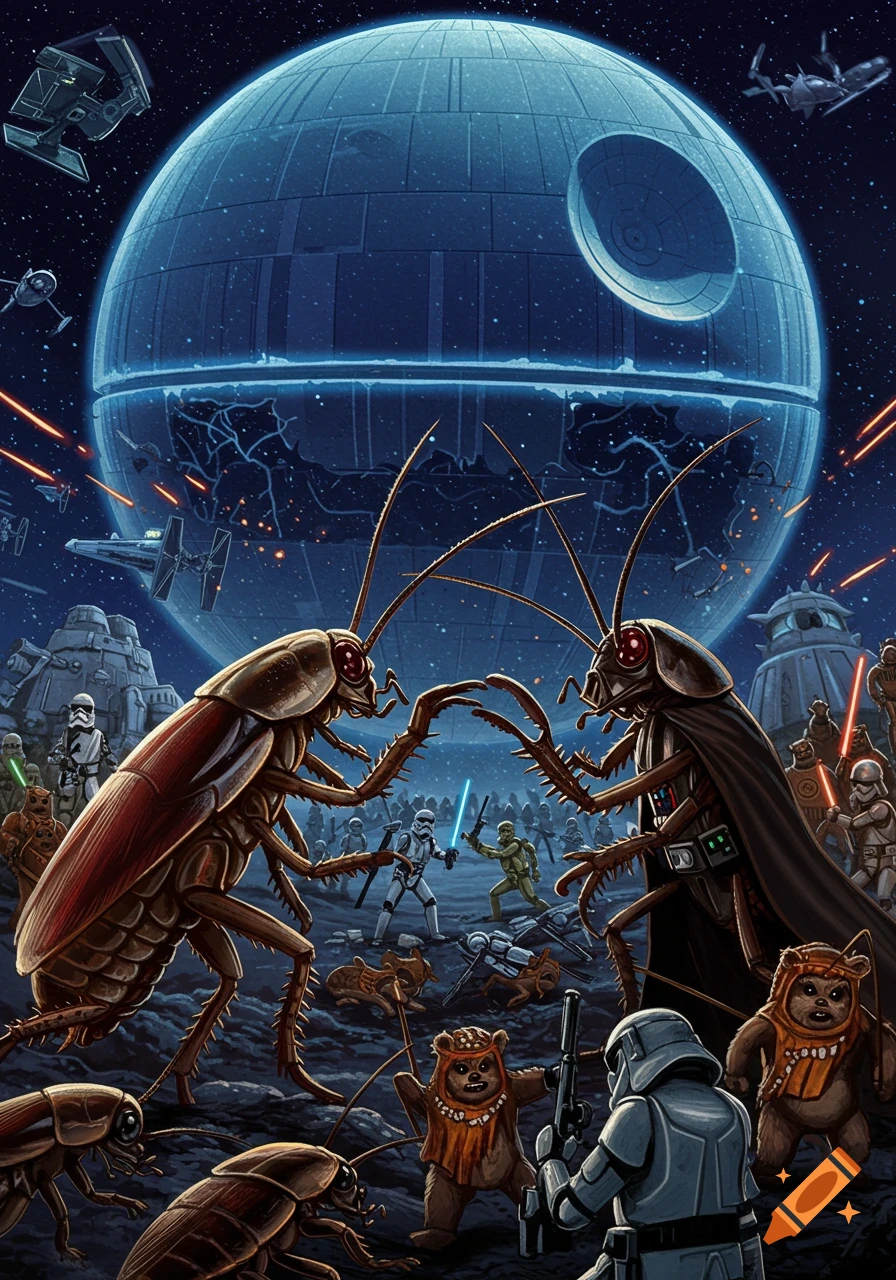Illustration of anthropomorphic cockroaches fighting Star Wars ...