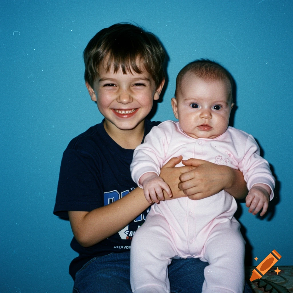Early 2000s photo of a smiling boy holding a baby sister against a blue ...