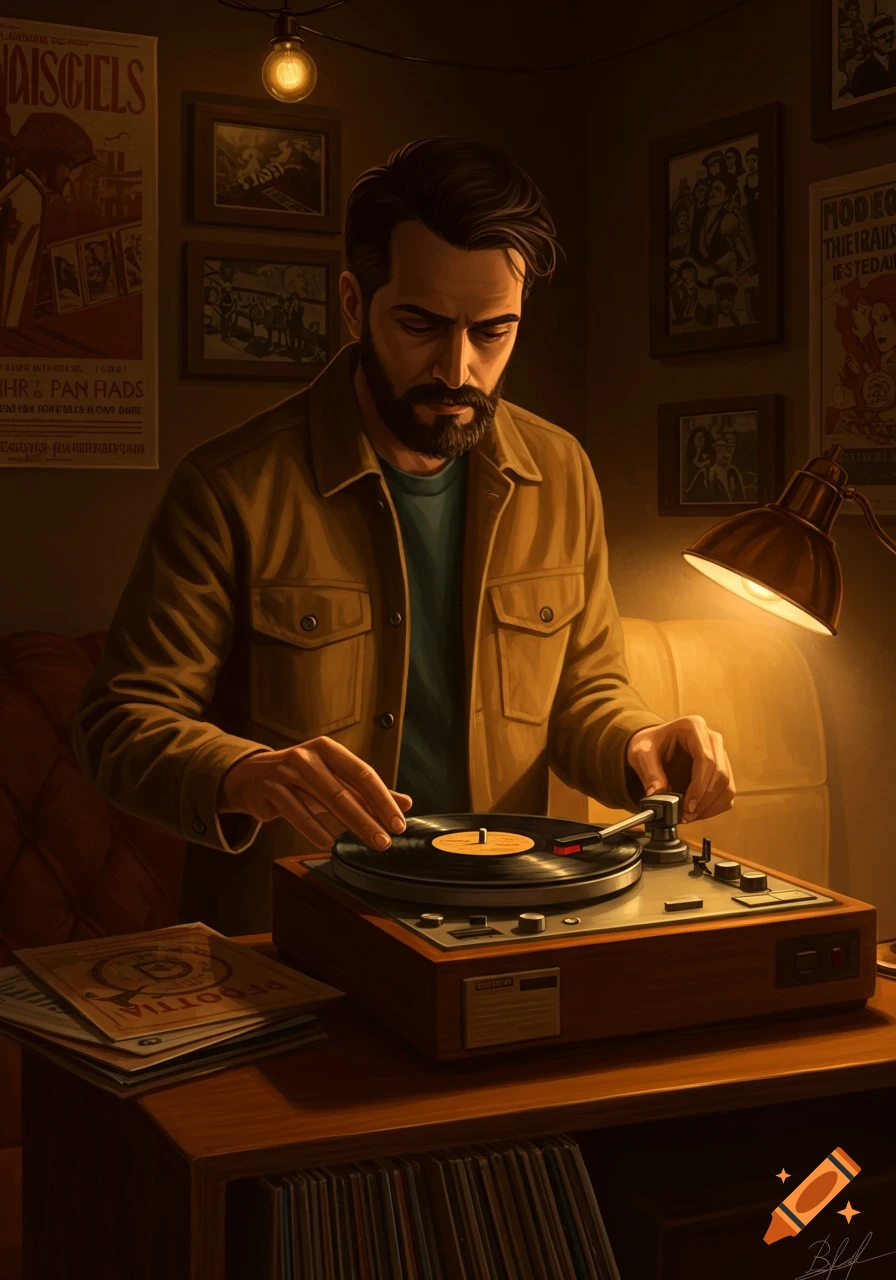 Illustration of a man playing a vinyl record on a turntable in a cozy ...