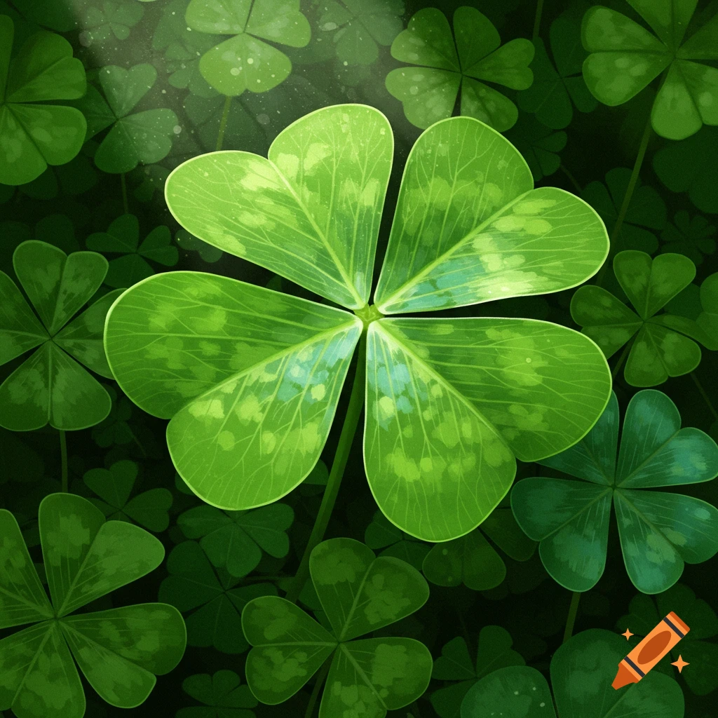 Close-up view of a four-leaf clover surrounded by three-leaf clovers. on Craiyon