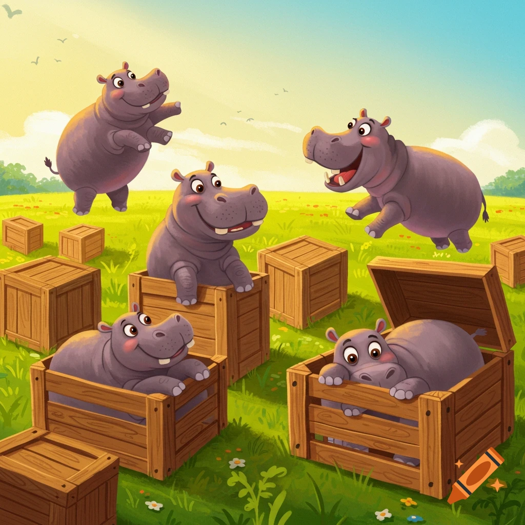 Cartoon hippos play in and around wooden crates in a grassy field with ...