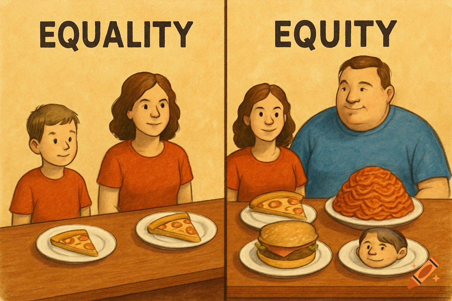 Cartoon illustration comparing equality and equity with people and ...