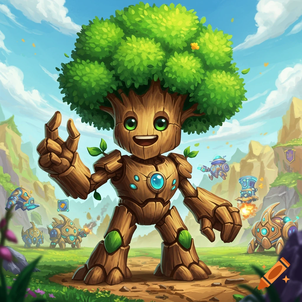 Cartoon tree creature with leafy head gives a thumbs-up in a bright ...