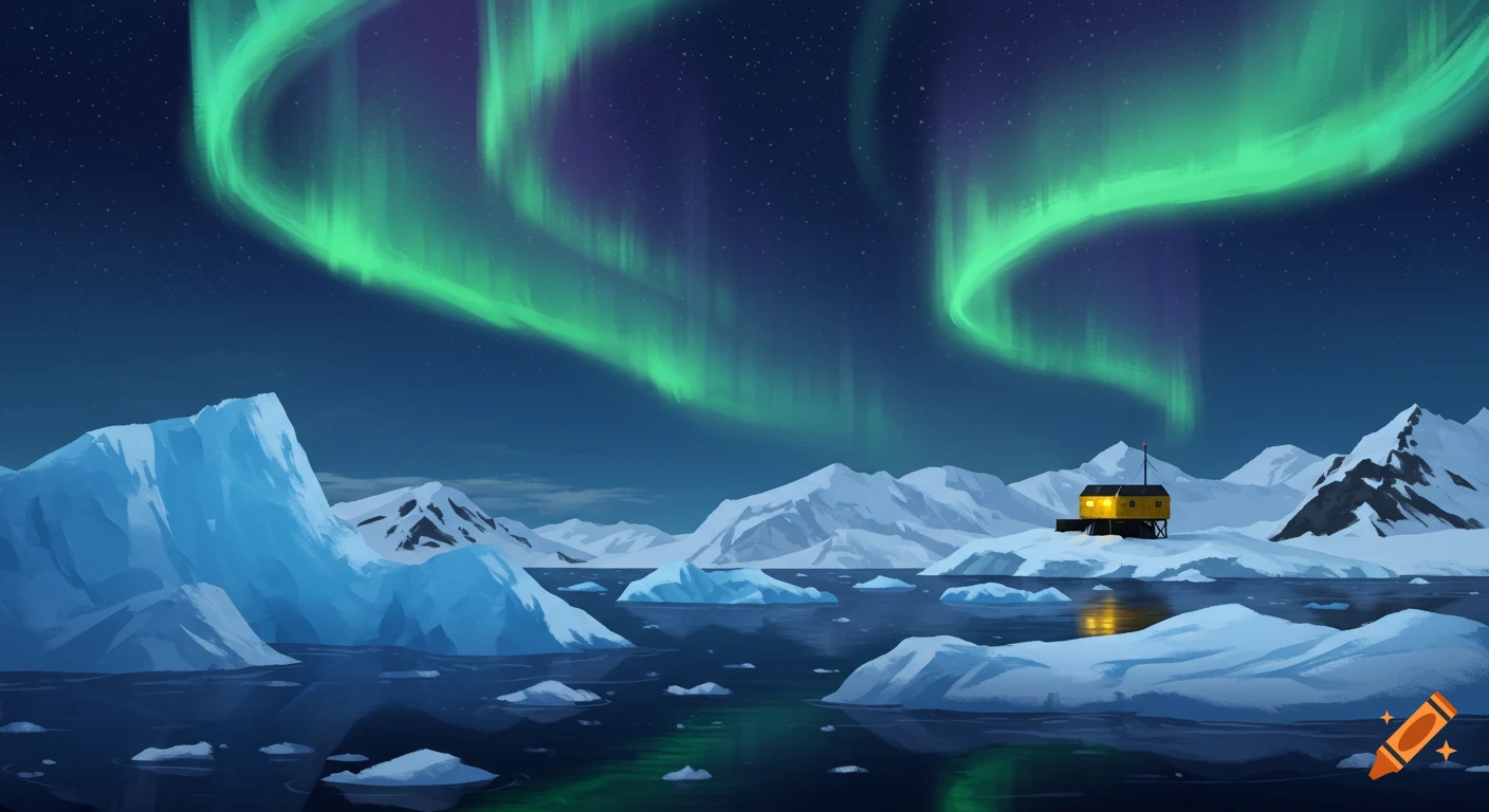 Aurora borealis lights up an arctic landscape with icebergs, mountains ...