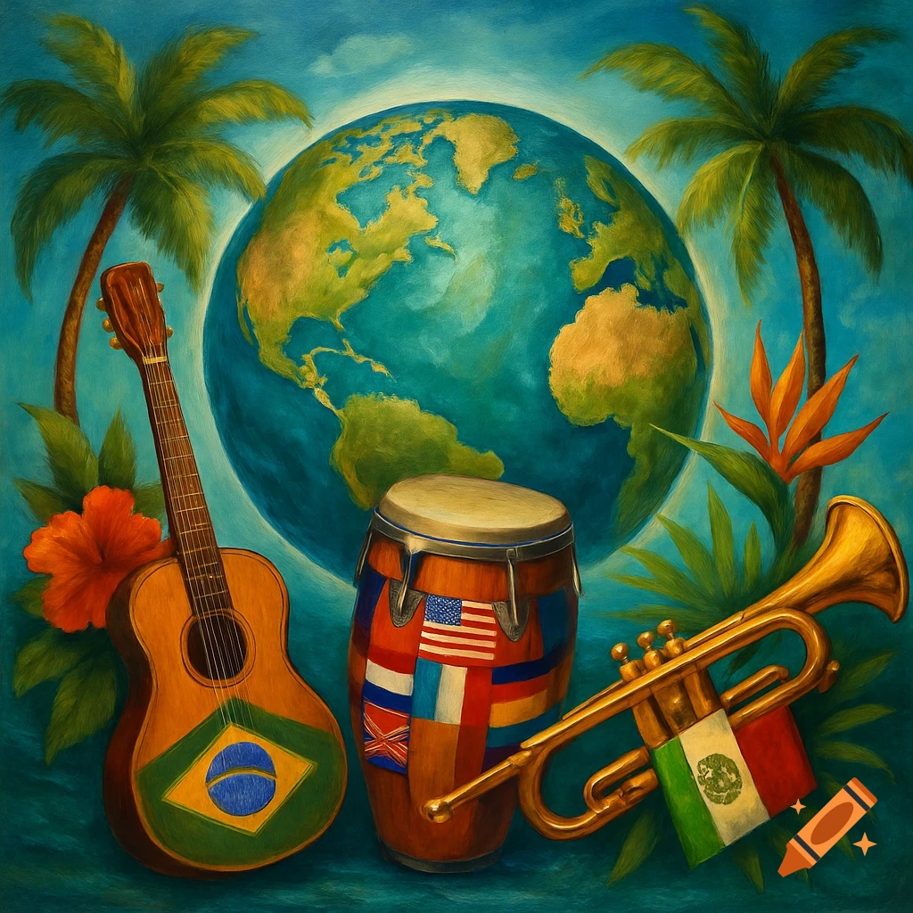 A painting of a globe surrounded by musical instruments (guitar, drum ...