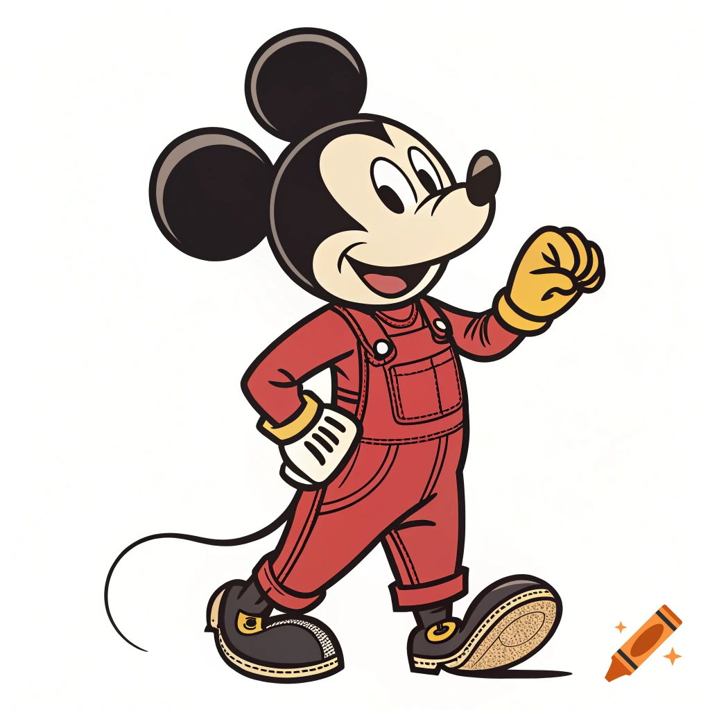 Mickey Mouse in a red work jumpsuit walks. on Craiyon