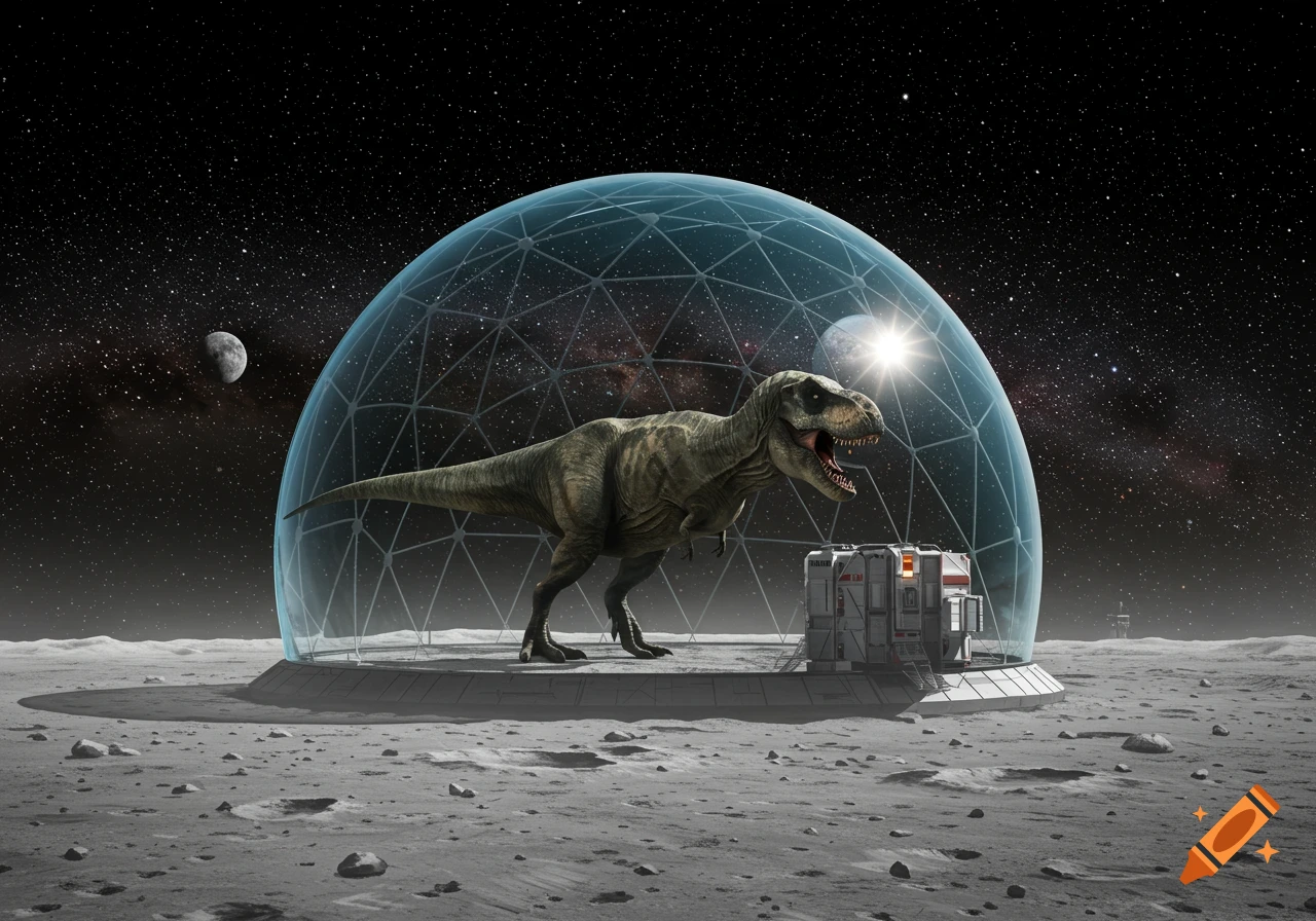 A Tyrannosaurus Rex stands inside a glass dome on the moon, with moon ...