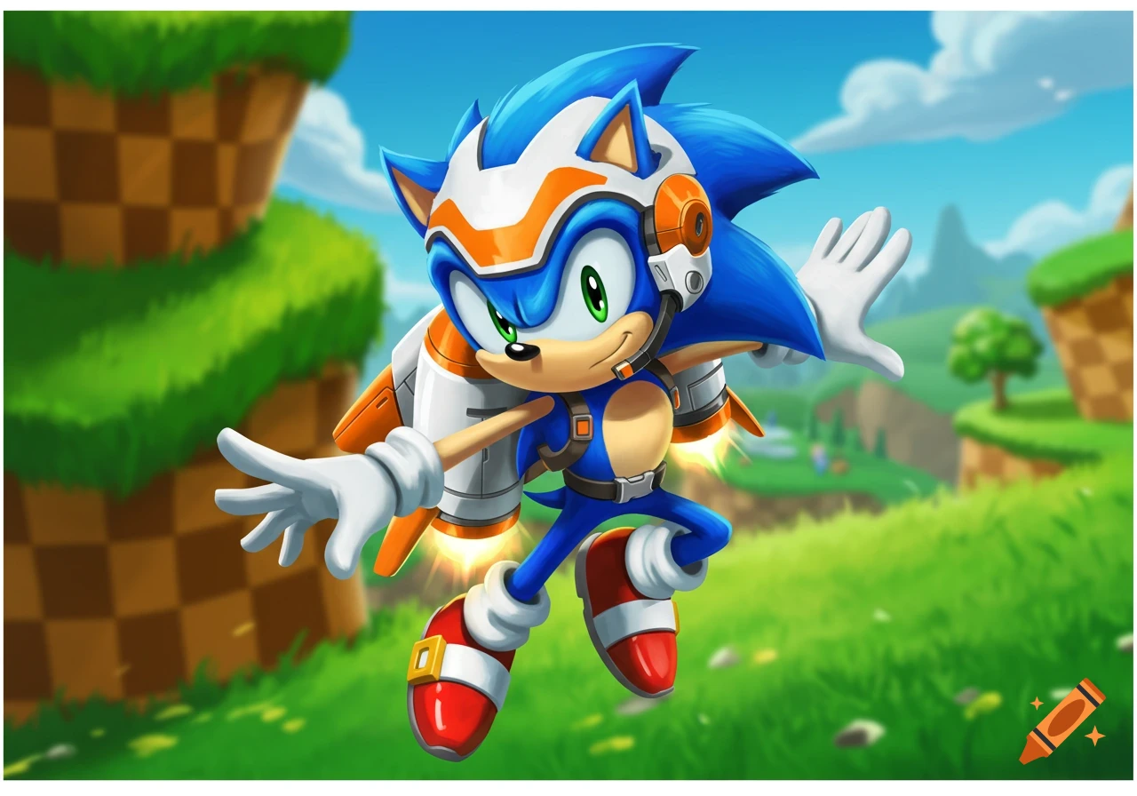 Sonic the Hedgehog in blue and orange pilot gear flying in a grassy ...