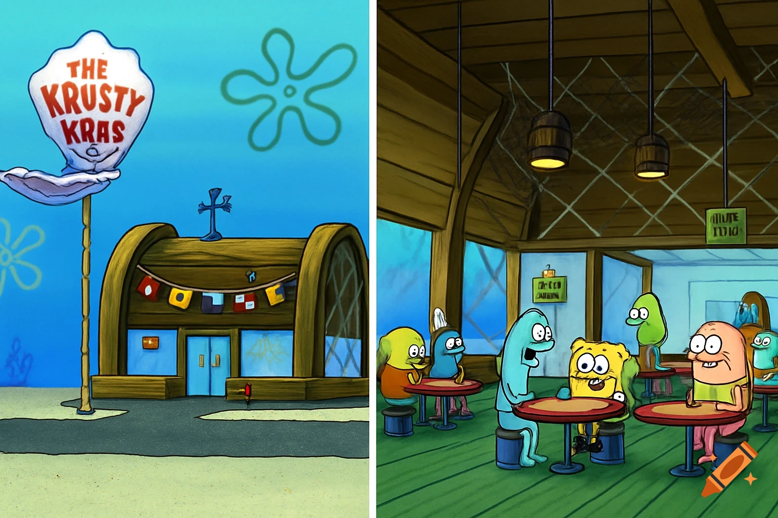 Split image showing the Krusty Krab restaurant exterior and the interior with Spongebob and ...