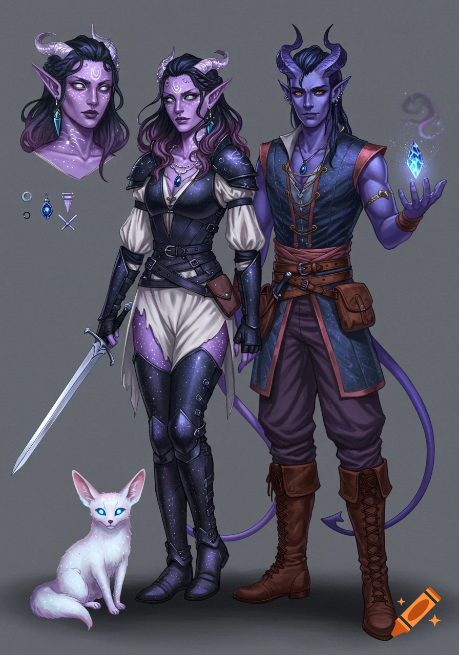 Fantasy illustration of two horned humanoids with purple skin and a ...