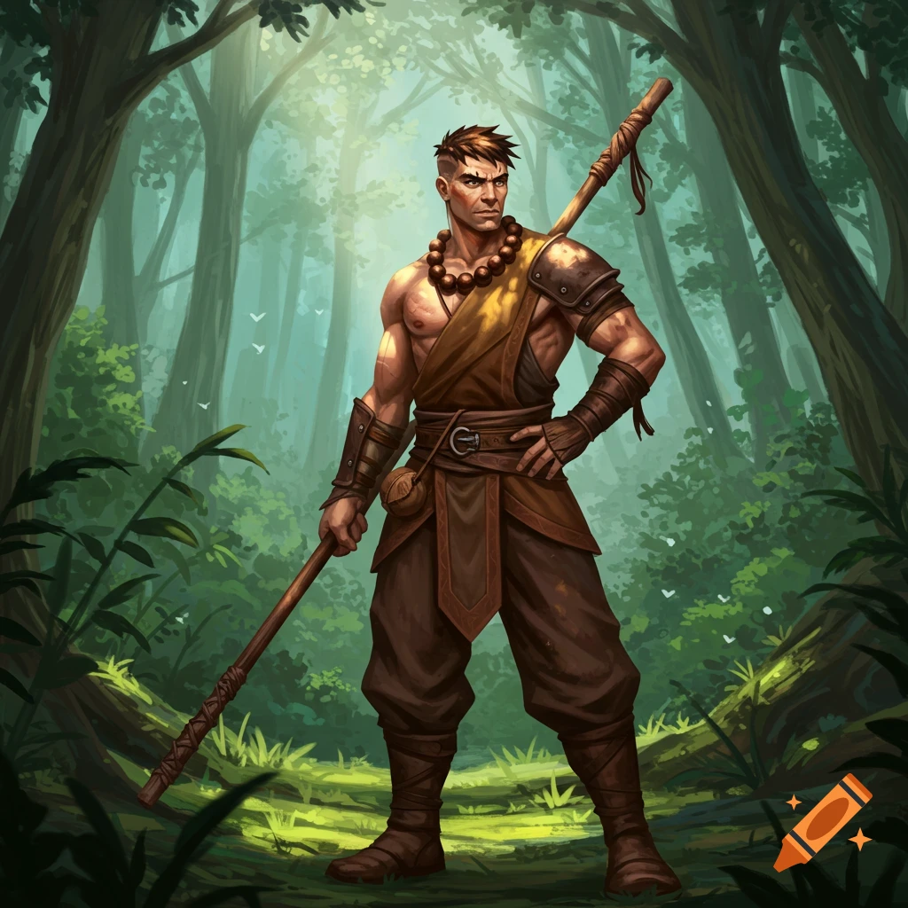 A fantasy character, a muscular man dressed as a monk or ranger, stands ...