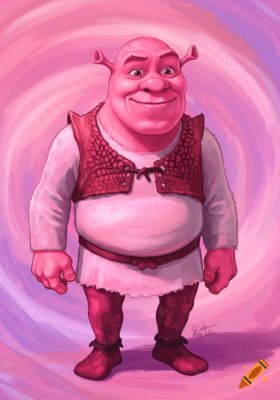 Pink Shrek illustration stands smiling against a swirling pink and purple background. on Craiyon