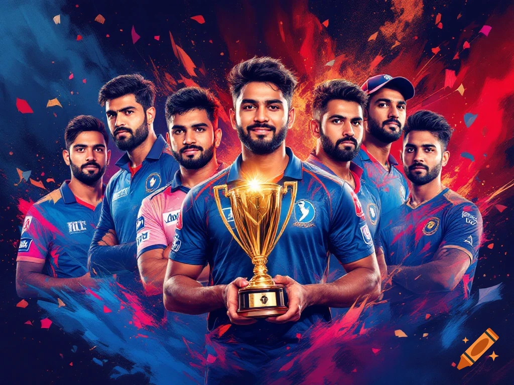 Group of cricketers celebrating a win, holding a gold trophy against a ...