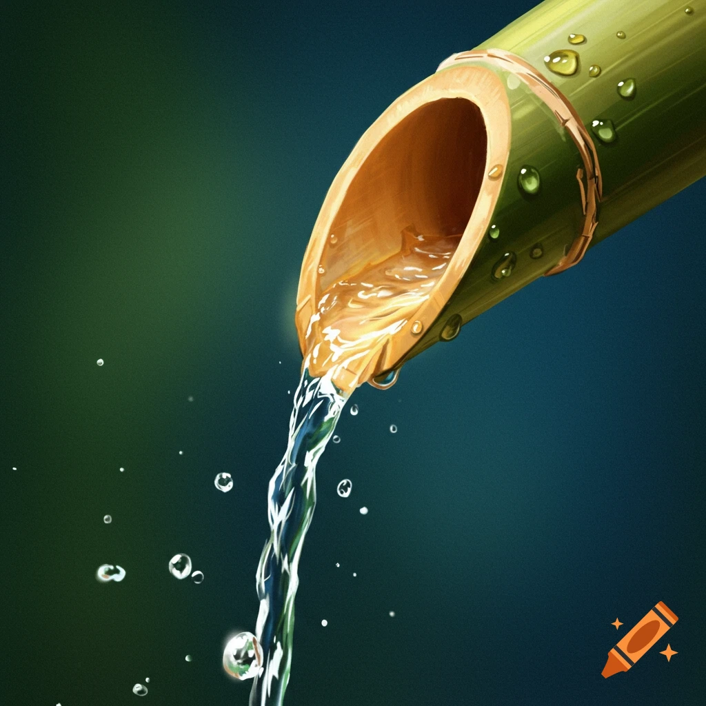 Water pours from a cut bamboo stalk with droplets. on Craiyon