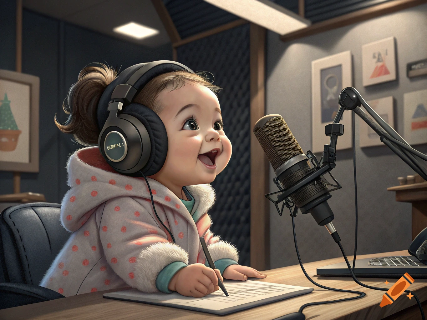 Happy baby wearing headphones and writing while recording in a podcast ...