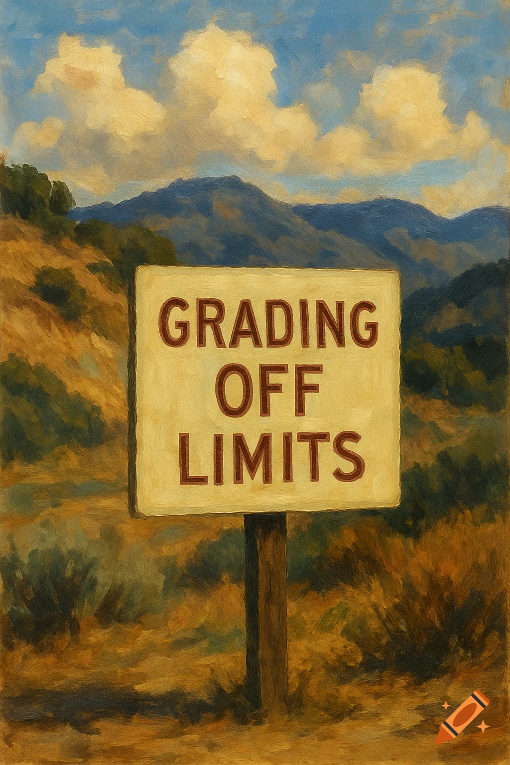 A traditional painting of a landscape with a sign that says 'GRADING ...