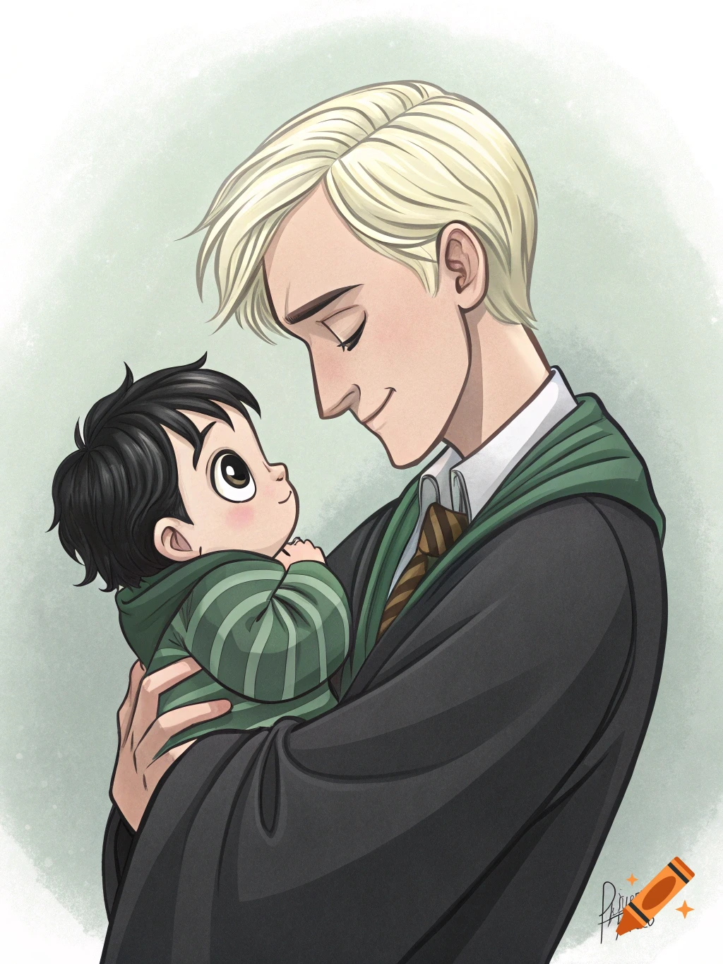 Anime drawing of a character in Slytherin robes holding a baby. on Craiyon