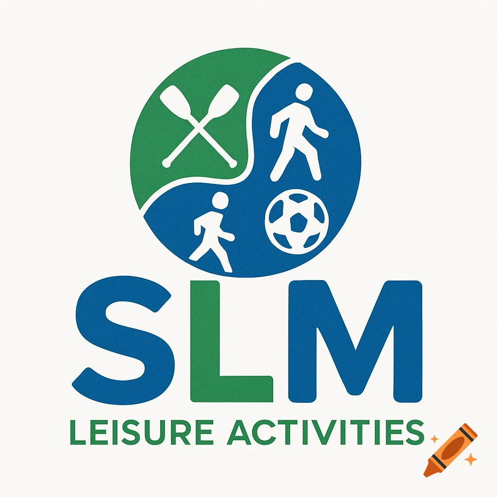Logo with SLM, icons for rowing, walking, soccer, and text 'Leisure ...