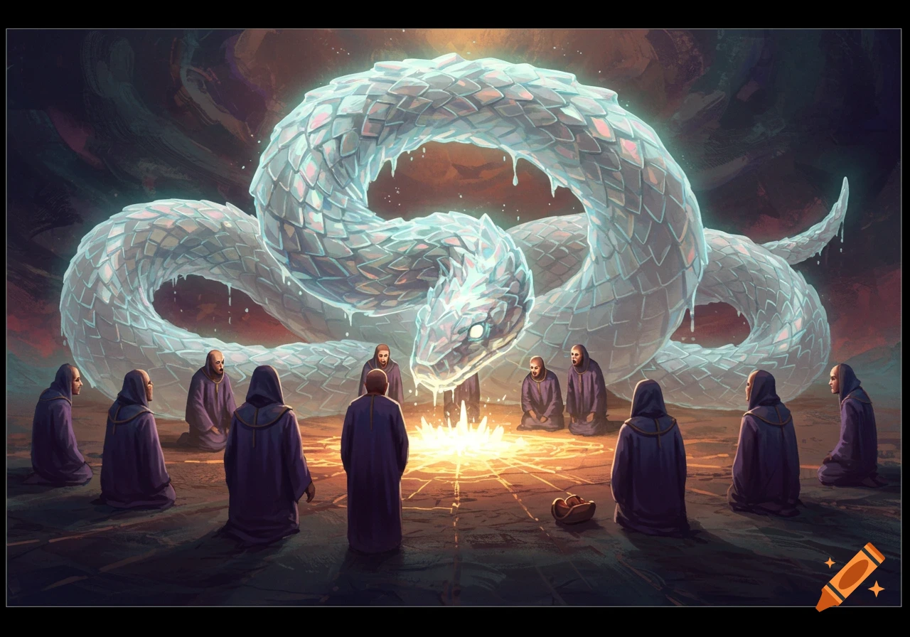 Robed figures gather around a light source with a glowing white serpent ...