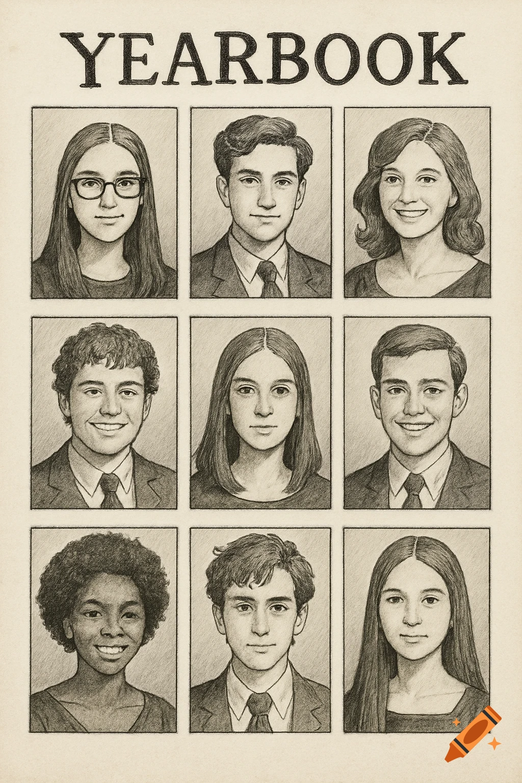 Sketch drawing of nine portraits arranged like a yearbook page with the ...