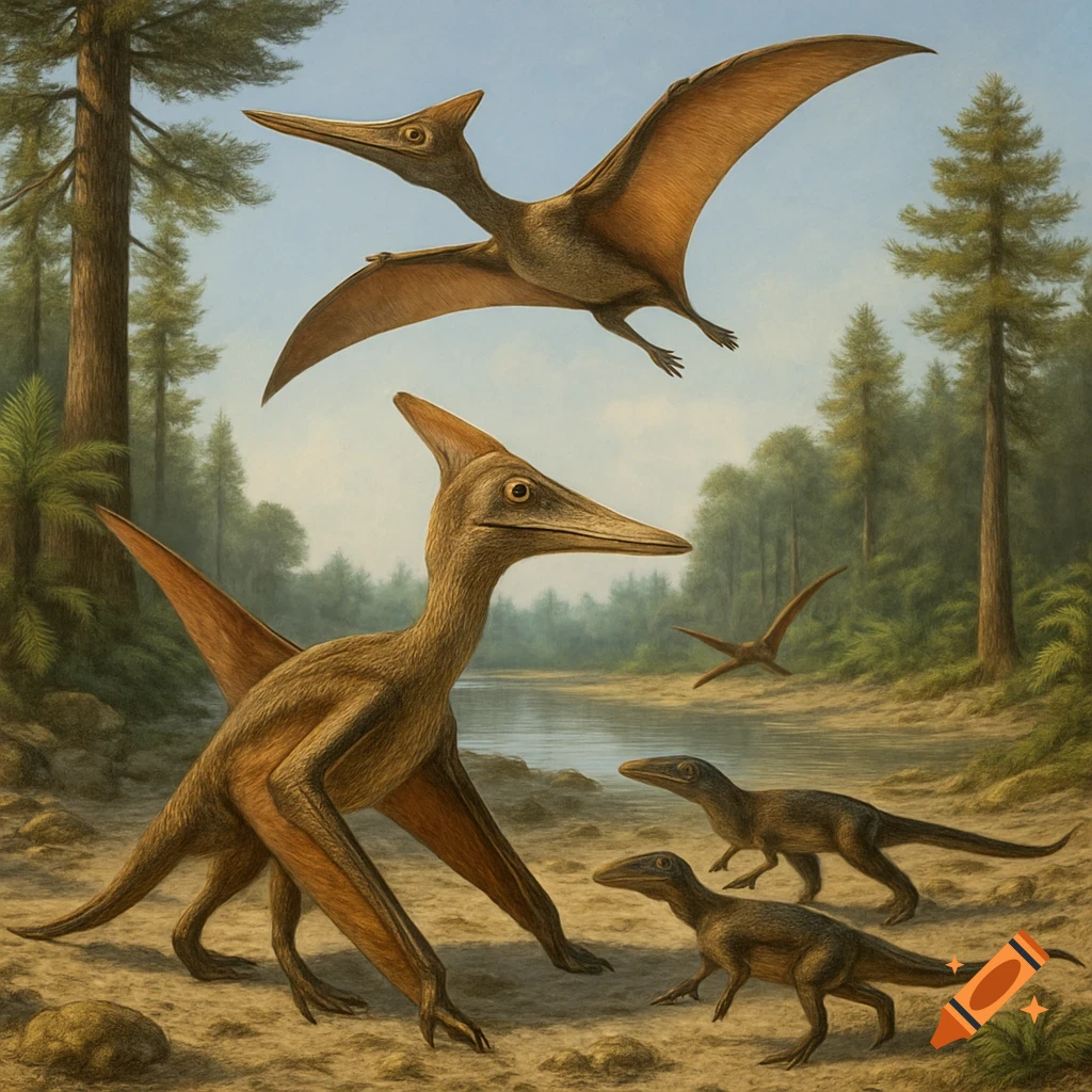 Pterosaurs fly and stand by a river with smaller dinosaurs in a ...