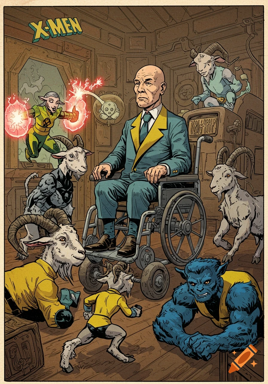 Comic art of Professor X in a wheelchair surrounded by X-Men characters ...