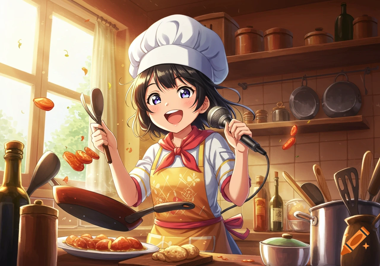 Anime girl chef singing while cooking in a sunny kitchen. on Craiyon