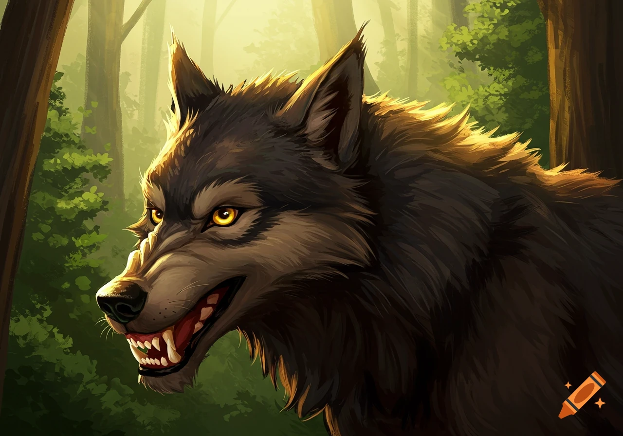 Close-up illustration of a menacing wolf with bared teeth and glowing eyes in a forest. on Craiyon