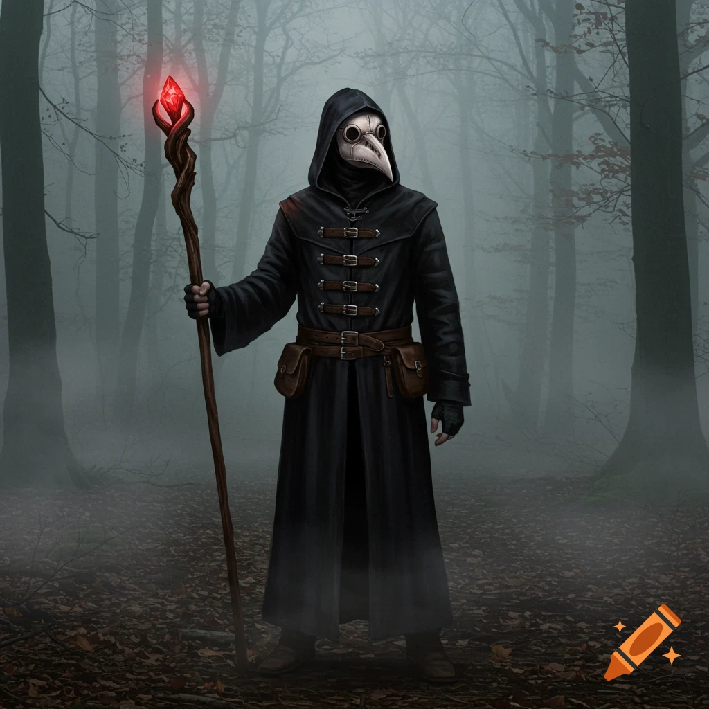 A figure in black robes and a plague doctor mask stands in a foggy ...