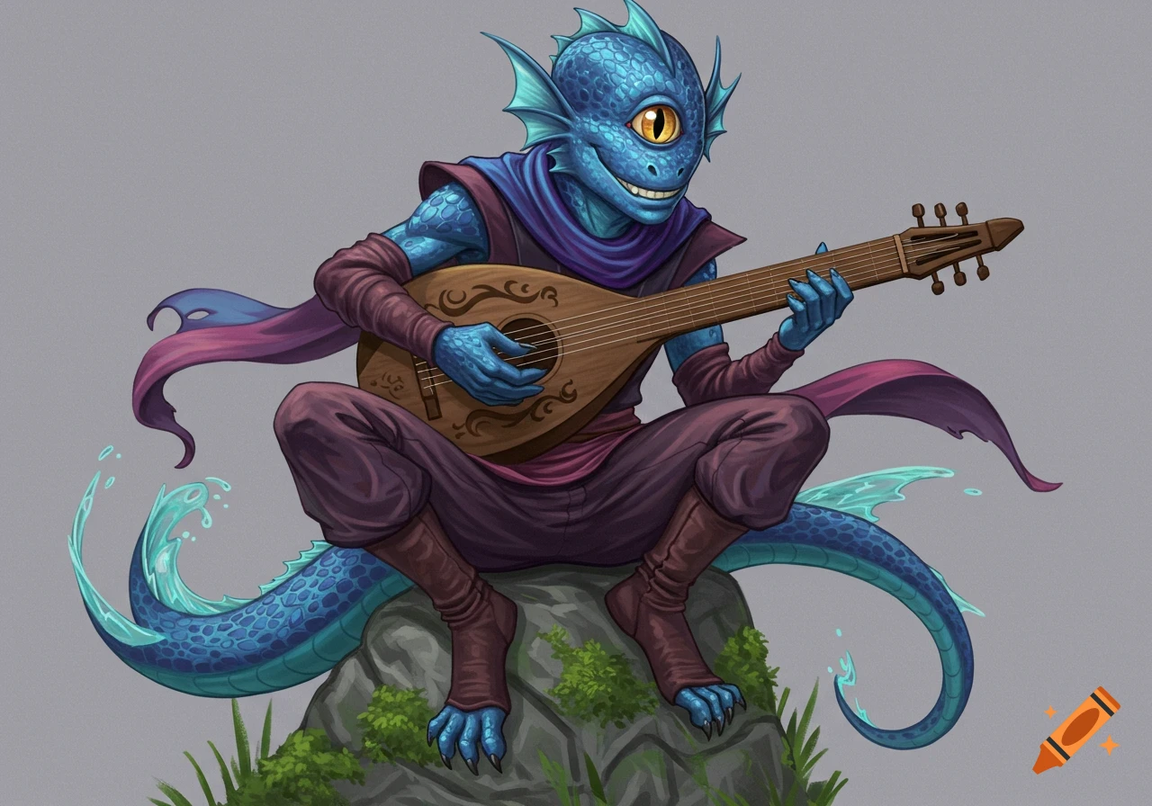 A blue scaly, one-eyed creature sits on a rock playing a lute. on Craiyon