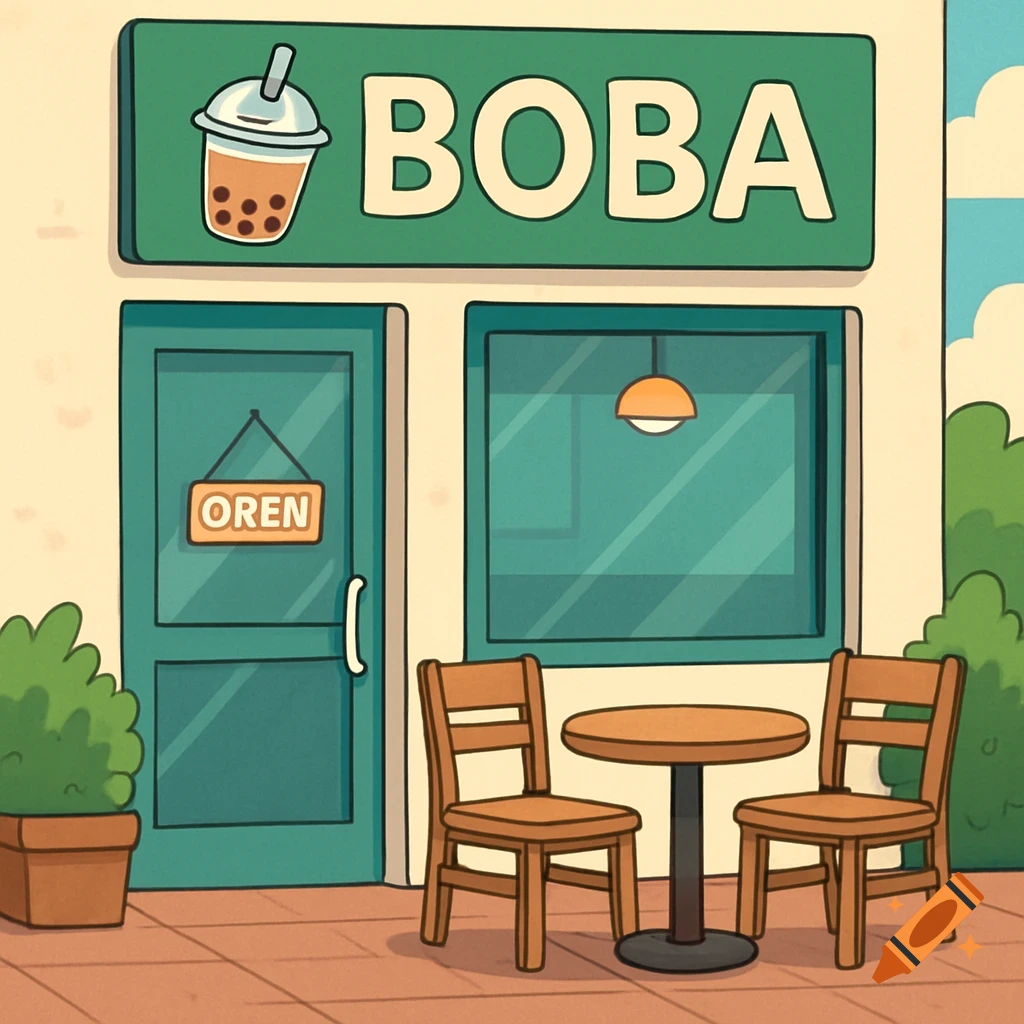 A cartoon storefront of a boba shop with outdoor seating. on Craiyon