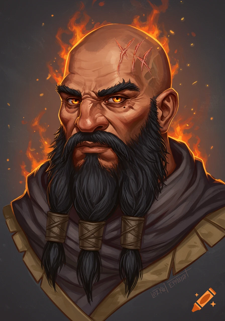 Fantasy portrait of a bald dwarf druid with a long black beard, amber ...