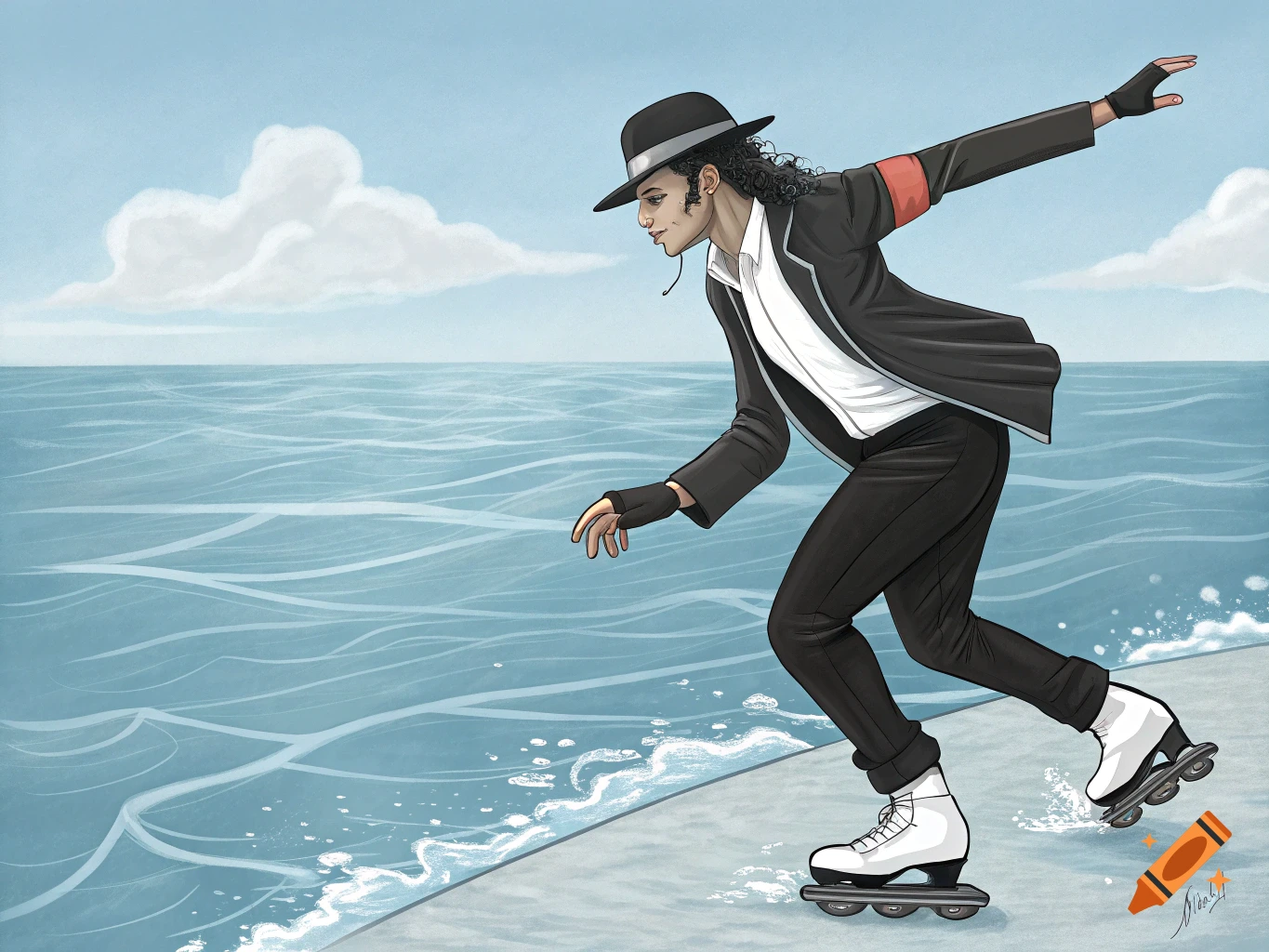 Illustration of Michael Jackson skating along the shore of the ocean on ...